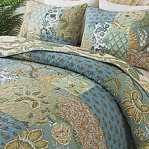 NEWLAKE Bohemian Floral Pattern Bedspread Quilt Set with Real Stitched Embroidery,Queen Size