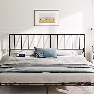 MAHANCRIS Queen Size Headboard, Upholstered Headboard with 2 Charging Stations, Metal Frame Structure, Adjustable Linen Upholstery with Strap Fastener, Bed Frame Adapter Included, Black and Grey