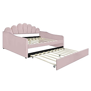 ATY Full Size Upholstery Daybed with Trundle and Backrest, Shall Shaped Bedframe, Sofa Design, for Bedroom, Guestroom, Small Space, Pink