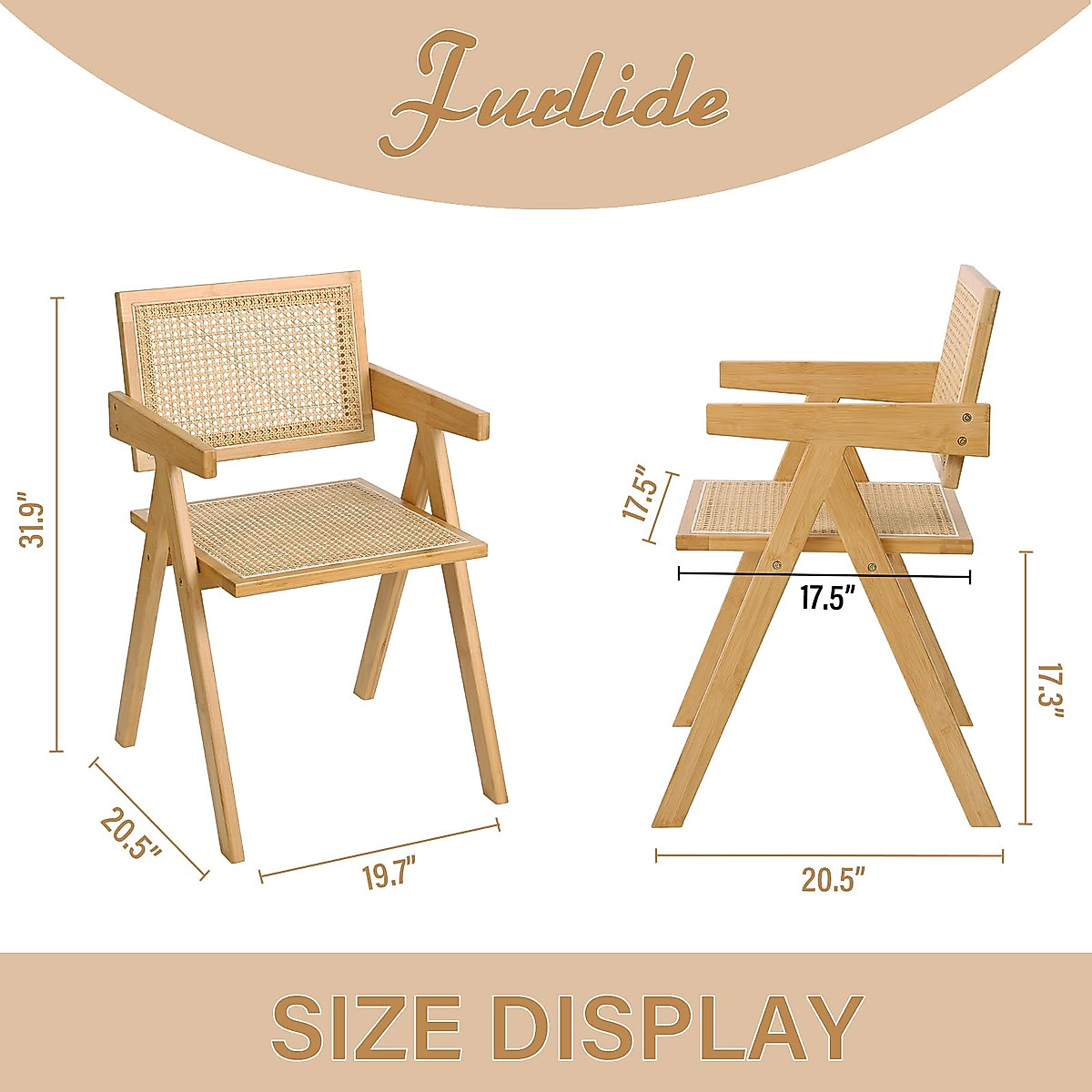 Furlide Rattan Dining Chairs Set of 2, Modern Mid Century Accent Chairs, Comfy Armchairs, Outdoor Rattan Chairs with Armrest for Bedroom Living Room Reading Room Dining Kitchen