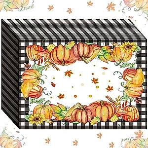 Kosiz 50 Pcs Buffalo Plaid Pumpkins Leaves Sunflowers Place Mats Fall Harvest Vintage Paper Placemats Disposable Kitchen Dining Table Decoration for Indoor Outdoor Home Party Ornament 11 x 14 Inch