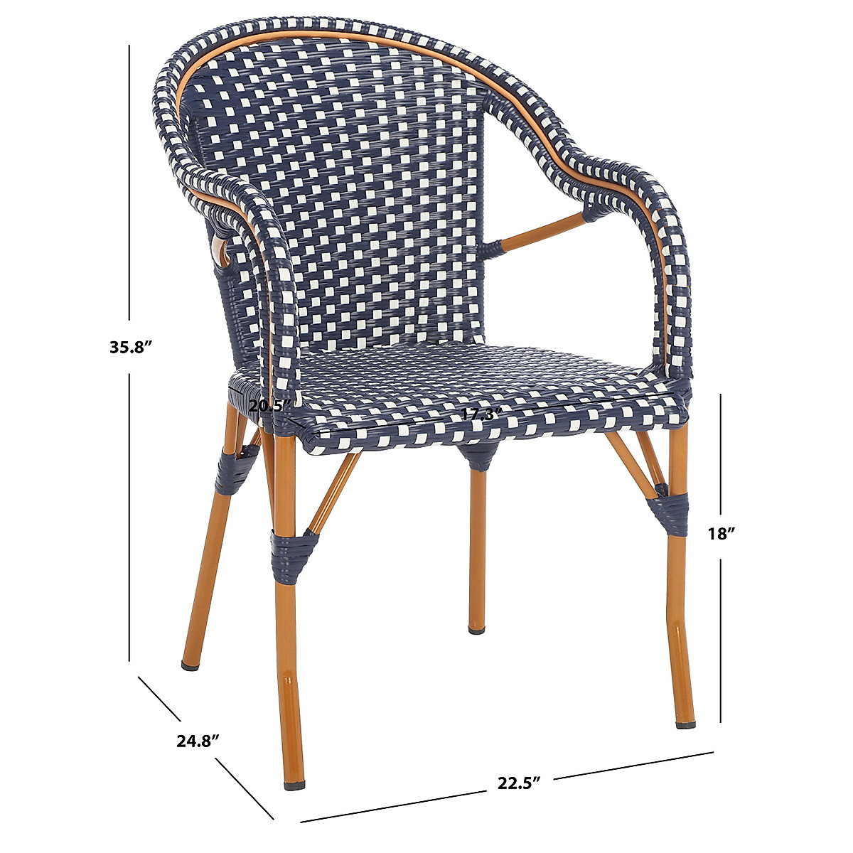 SAFAVIEH Outdoor Collection California Navy/White 18-inch Bistro Arm Chair Set of 2 (Fully Assembled)