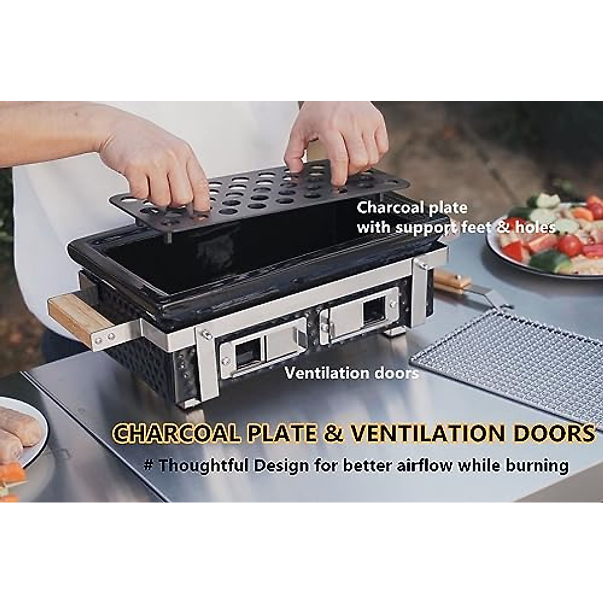 Onlyfire Charcoal BBQ Grill Hibachi Grill with Grid Lifter, Rectangular Portable Grill with Stainless Steel Griill Grate, BBQ Grill for Outdoor Camping Picnic Patio Backyard Cooking, 16 x 9 Inch Black