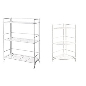 Convenience Concepts Xtra Storage 3 Tier Wide Folding Metal Shelf, White & Xtra Storage 3 Tier Corner Folding Metal Corner Shelf, White