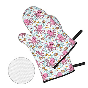 Cute Octopus Oven Mitts and Pot Holders Sets of 4 Heat Resistant Cooking Gloves and Potholders Non-Slip Kitchen Mittens Hot Pads with Hanging Loop for Kitchen Baking BBQ Grilling Picnic