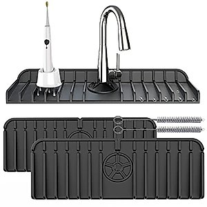 Decyam Upgrade Kitchen Sink Splash Guard, Silicone Faucet Handle Drip Catcher Tray, Kitchen Sponge Holder Faucet Absorbent Sink Protectors Mat for Kitchen Bathroom Sink Accessories (2 pcs black)