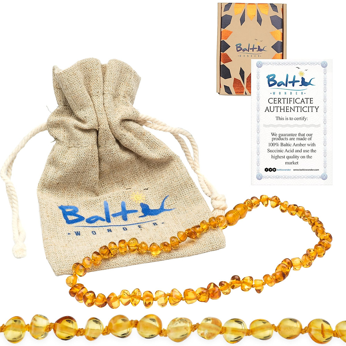 Baltic Wonder Baltic Amber Necklace (Baroque Honey) Unisex - 100% Certified Authentic Baltic.