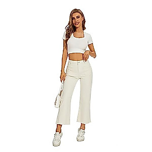 DECIVI Women Straight Leg Capris Jeans Mid Rise Cropped Pants Stretchy Ankle Length with Pockets White