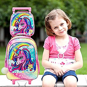 TXHVO 3PCS Rolling Backpack for Girls, Kids Rainbow Unicorn Bookbag with Roller Wheels, Cute Suitcase School Bag Set for Elementary Toddler