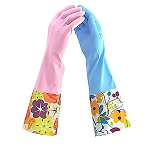 Finnhomy 31229 Household Gloves Latex free cleaning Gloves with soft fiber lining extra long cuff 15" and Vinyl Textured Grip 2 Pair Large