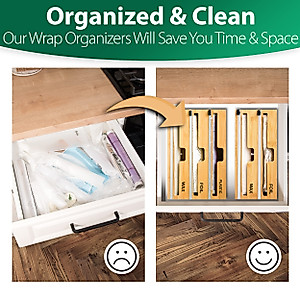 Plastic Wrap Organizer for drawer | Saran Wrap, Aluminum Foil, Wax Paper and Plastic Wrap Dispenser with Cutter | Perfect Kitchen Organizer | Labels Included | Compatible with 12" Roll (2 Slot)