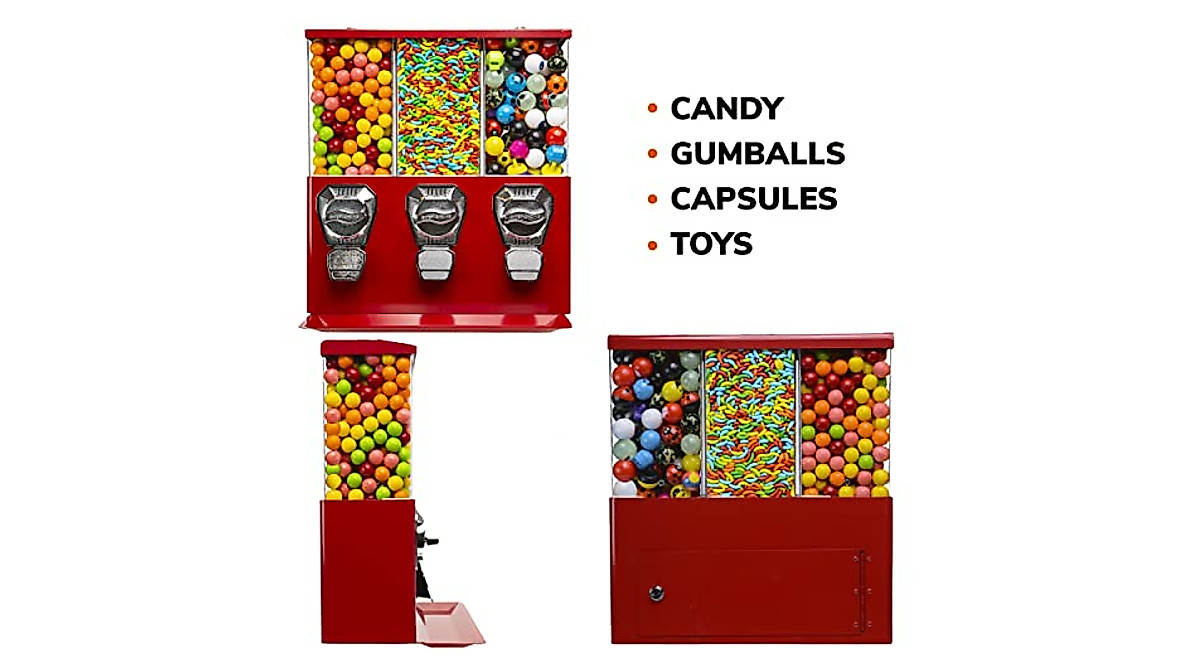 Red Triple Vending Machine for Gumballs & Candies | Commercial Use