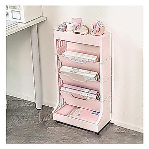 Rolling Book Shelf Organizer Mobile Book Shelf Cart 6 Tier Movable Bookshelf Cart Desk Side Cart for Office Dorm Classroom,Pink,5 Tier