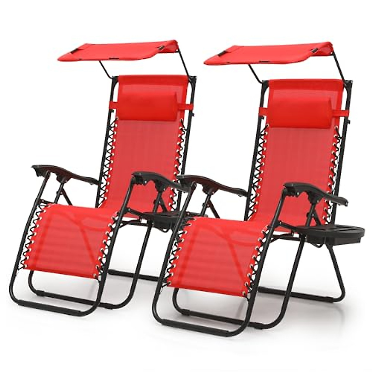 Magshion Zero Gravity Chair with Canopy Set of 2, Reclining Outdoor Patio Lounge Chair, Folding Anti Gravity Recliner, Portable Lounger with Removable Cup Holder Side Tray and Pillow Headrest (Red)