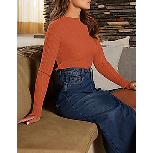 HAEOF Womens 2023 Fall Lightweight Sweaters Long Sleeve Thermal T Shirts Trendy Ribbed Fitted Dressy Casual Tops(RustRed, M)