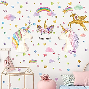 Glow in the Dark Stars Glowing Unicorn Wall Decals Glowing Unicorn Wall Mural Stickers with Unicorn Star Rainbow Flower Heart Clouds Bubbles Room Decor for Girls Bedroom Ceiling Baby Home Kid Birthday