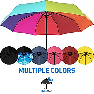 Rain-Mate Compact Travel Umbrella - Pocket Portable Folding Windproof Mini Umbrella - Auto Open and Close Button and 9 Rib Reinforced Canopy (Rainbow)