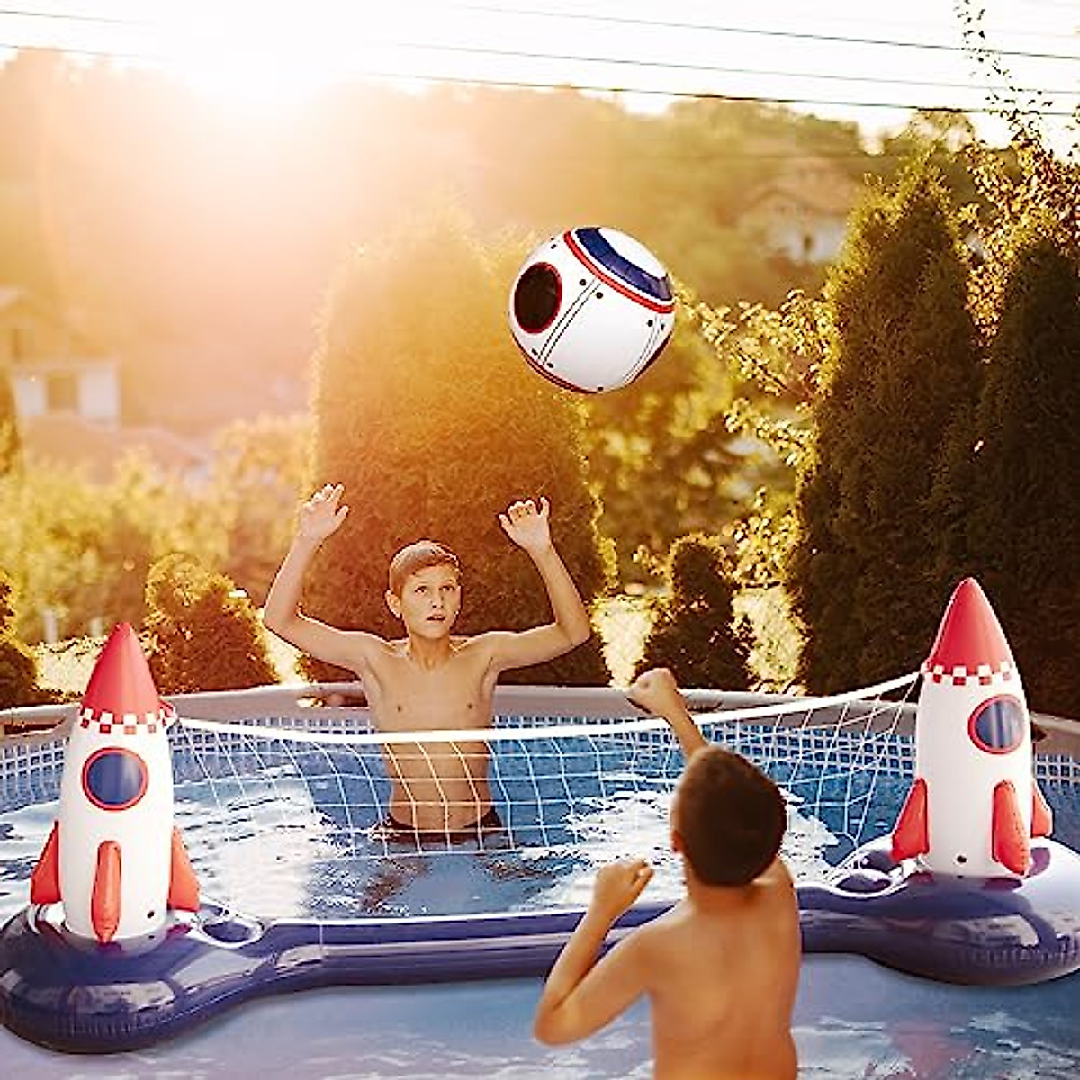 JOSEN Inflatable Pool Float Volleyball Set Court(118"x 25"x 42"),Volleyball Net for Adults,Family,Swimming Game Water Play Parties,Fun Summer Activity - Rockets