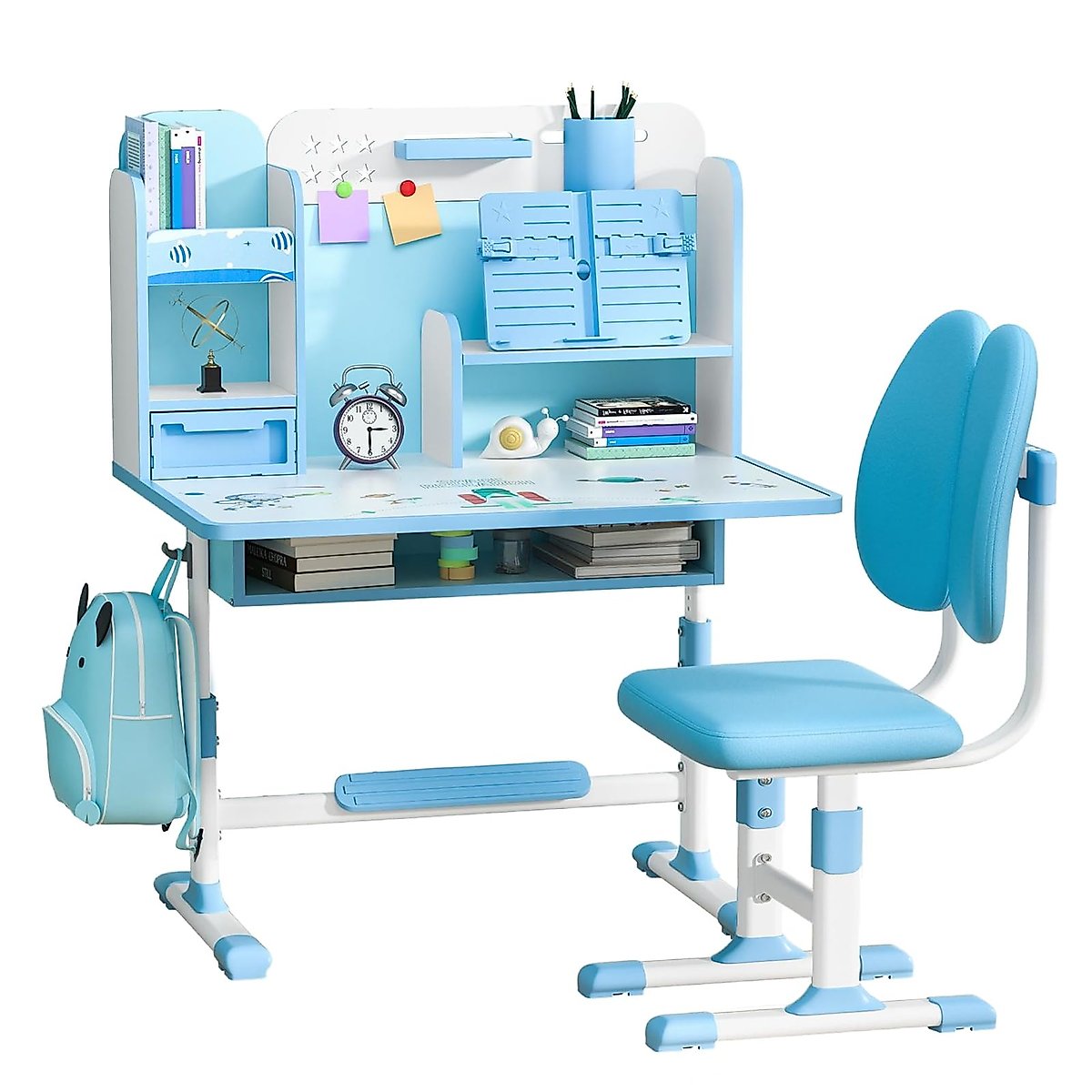 Frogued Children's Adjustable Study Desk and Chair Set, Height Adjustable Kids Study Table Chair Set with Astronaut Pattern, Ergonomic Writing Desk with Storage Drawer and Bookshelf (Upgraded Blue)
