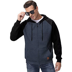 Men's Jacquard PlaidCloth Raglan Sleeve Zipper Hoodie Sweatshirt GreyBlue/Black Large