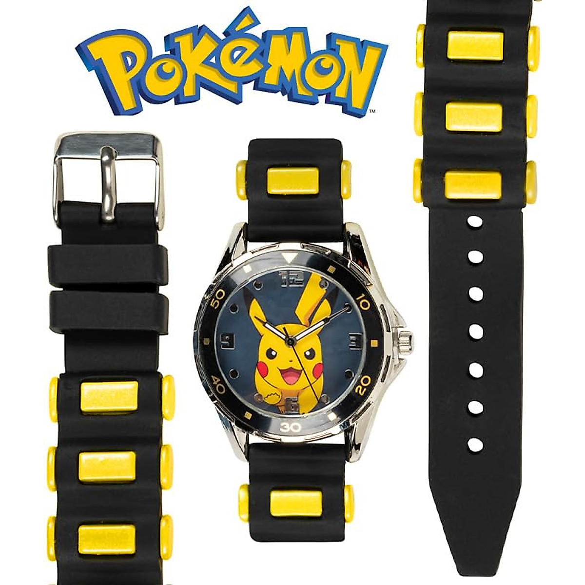 Accutime Kids Pokemon Pikachu Analog Quartz Wrist Watch with Black & Yellow Strap, Cool Inexpensive Gift & Party Favor for Boys, Girls, Adults All Ages (Model: POK9056AZ)