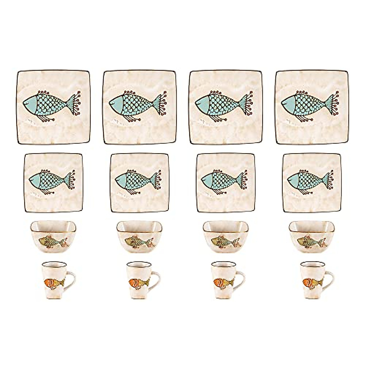 HomeVss, Stoneware Artisan Hand Painted Fish, 16pc Reactive Glaze Dinnerware Set