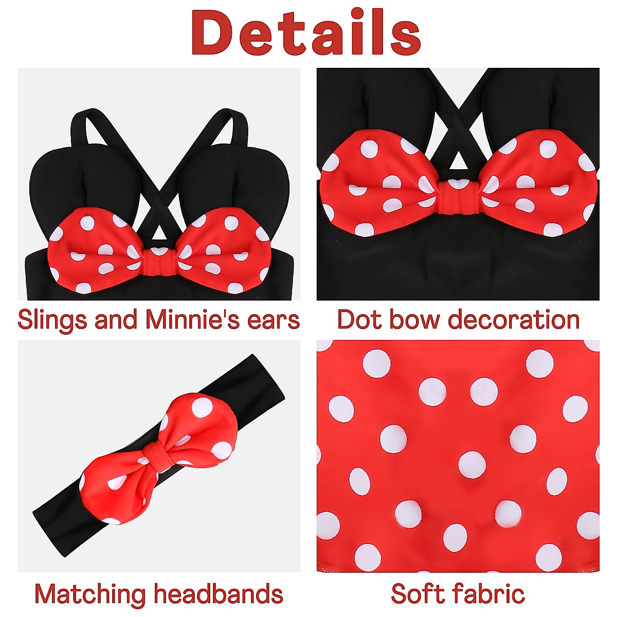 Kid Toddler Baby Girls Bathing Suit Bow Dot One Piece Swimsuit Swimwear, Red Black, Large