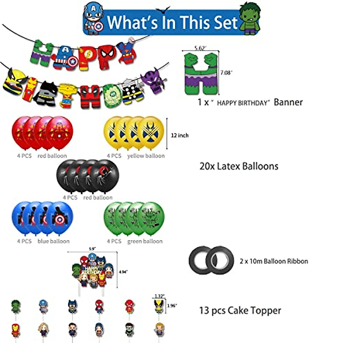 Superhero Party Supplies Superhero Party Decorations, 20Pcs Superhero Balloons, 1Pcs Happy Birthday Banner, 13Pcs Superhero Cake and Cupcake Toppers for Kids Birthday Party