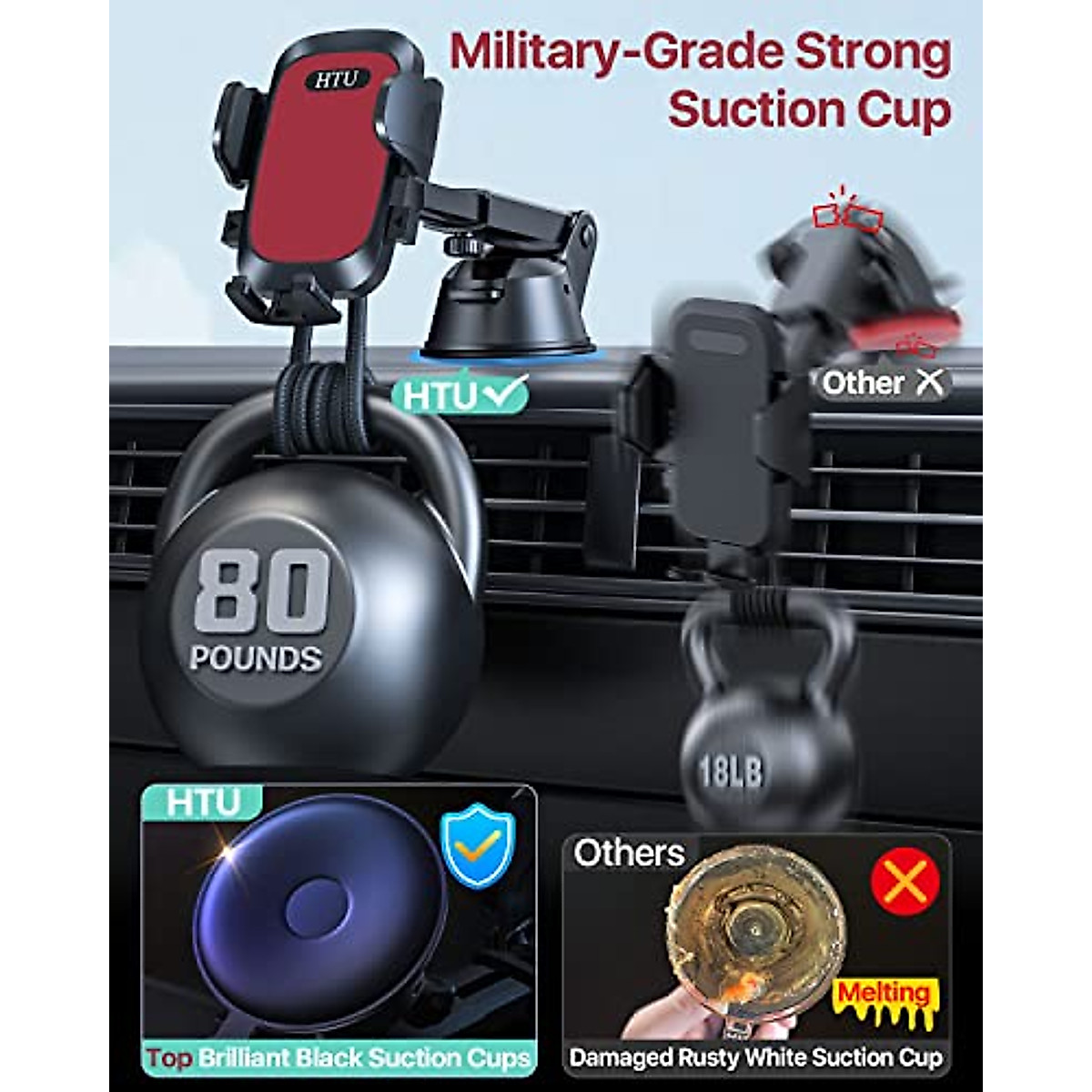 HTU Car Phone Holder Mount [Patent & Safety Certs] [Military Steel Clip & Super Suction Cup] Universal 3 in 1 Cell Phone Holder for Car Dashboard Windshield Vent Car Mount for iPhone Samsung Google