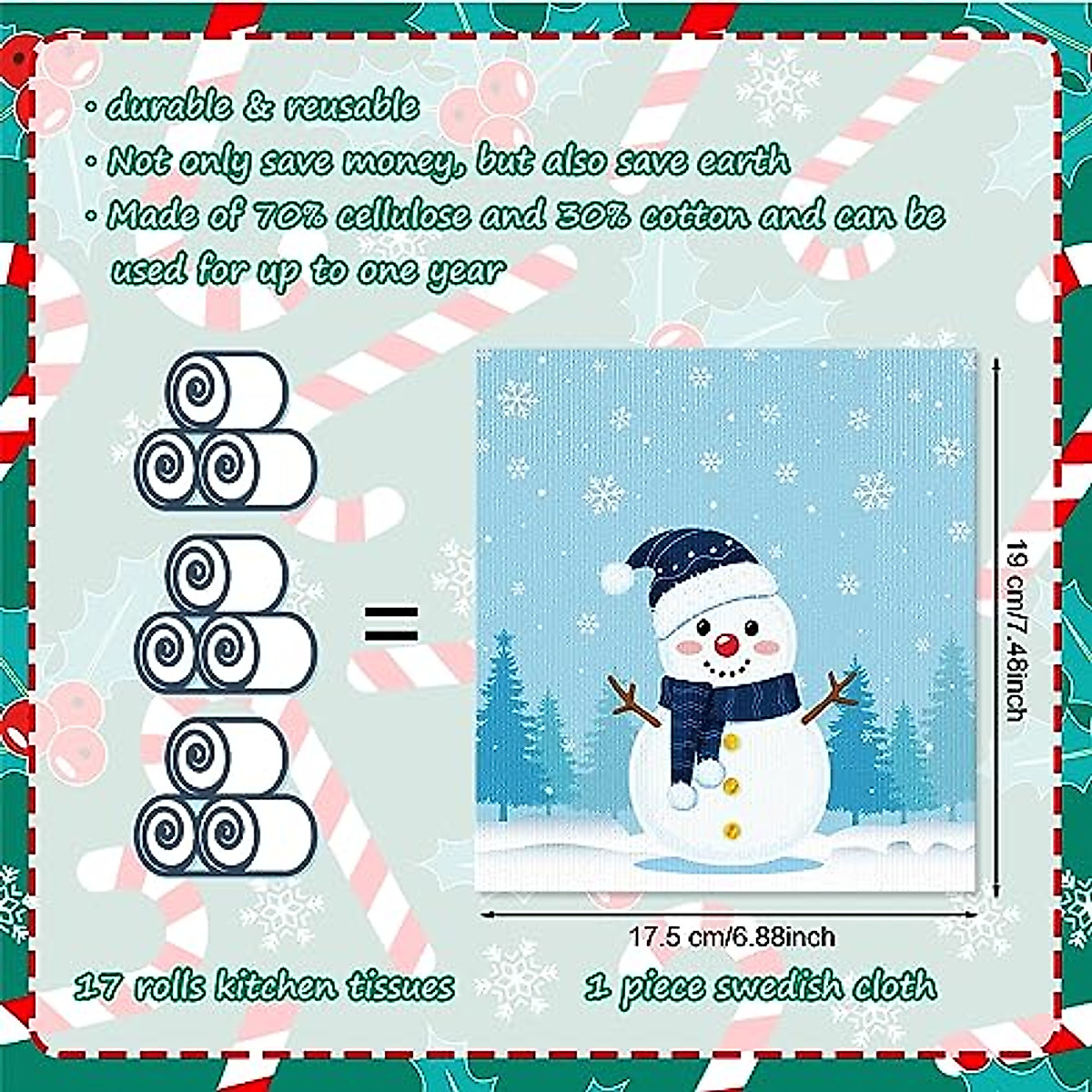 6 Pcs Christmas Swedish Kitchen Dishcloths White Blue Xmas Tree Snowflake Snowman Reindeer Dish Towel Reusable Fast Dry Kitchen Dishcloth for Christmas Winter Baking Cooking, 6.9 x 7.5 Inch