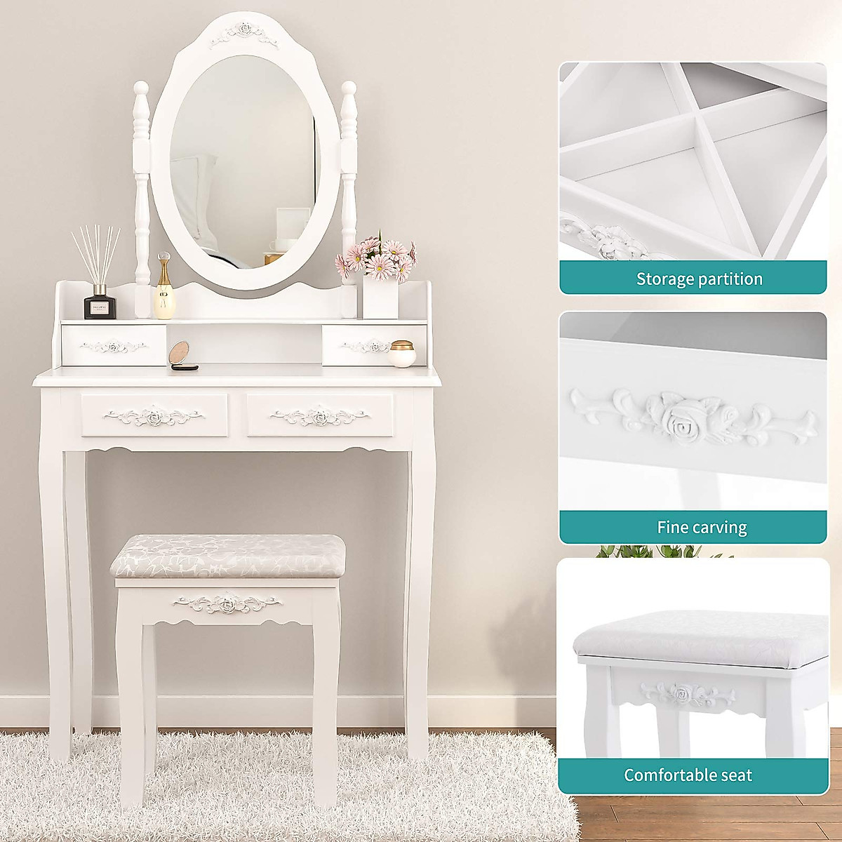 Mecor Vanity Table Set ,Makeup Table with Oval Mirror & Stool, Bedroom Wood Dressing Table with 4 Drawers White