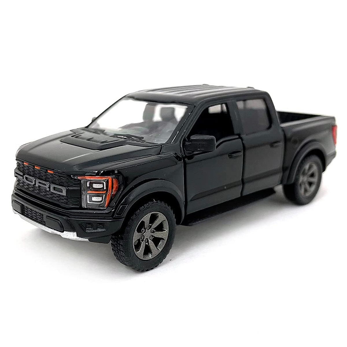 KiNSMART SetOf4 2022 Ford F-150 Raptor 5" 1:46 Scale Die Cast Model Toy Truck Black, White, Red, Blue