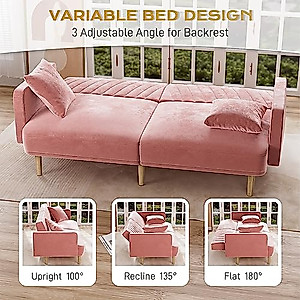OUYESSIR Futon Sofa Bed, Convertible Sleeper Sofa with Wood Legs, 74.5“ Splitback Sofa with 2 Pillows, Velvet Futon Couch for Living Room (Rose Pink)