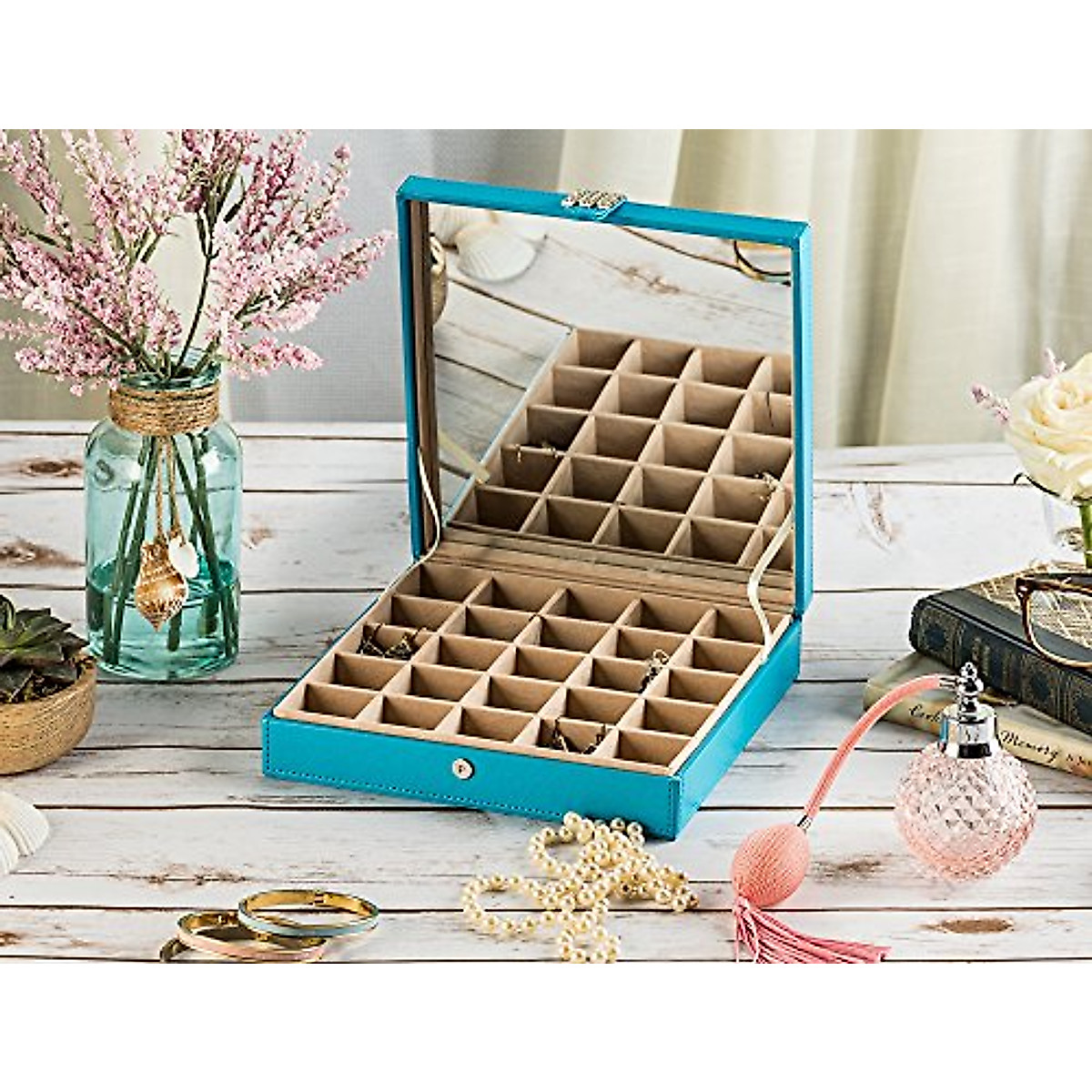 Glenor Co Earring Organizer - Classic 25 Section Jewelry Box/Case/Holder for Earrings, Rings, Necklaces, Jewelry, Cufflinks or Collections. 25 Small Compartments with Elegant Large Mirror - Blue