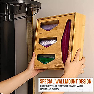 AHCHAK Ziplock Bag Organizer, Kitchen Drawer Organizer, Drawer Divider for Snack, Sandwich & Gallon Bags, Kitchen Organizer, Natural Bamboo Sandwich Bag Organizer