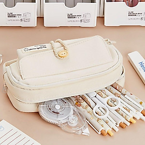 Ecqizer Large Pencil Case for Adults Aesthetic Cute Pencil Pouch With Zipper Preppy Pen Bag for SchooGirl, Travel Toiletry Cosmetic Makeup Bag Women (Cream)