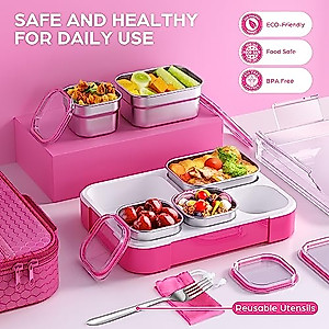 TIME4DEALS Stainless Steel Bento Lunch Box Kids Adult - Leak Proof School Lunch Container with 5-Compartment and Fork Lunch Bag Set for Toddler Child Bento Box for Work Picnic Outdoor, BPA-Free (Pink)