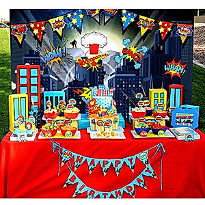 TMCCE Superhero Birthday Party Backdrop Supplies- Superhero Cityscape Photography Backdrop, 12 Superhero Photo Booth Props for Kids Superhero Birthday Party Decorations