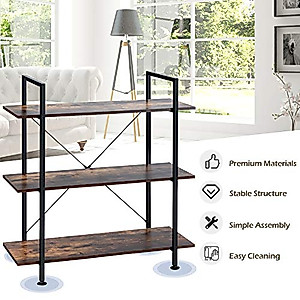Giantex 3-Tier Industrial Bookshelf, Vintage Bookcase w/Metal Frame, Multipurpose Open Plant Flower Stand Storage Display Rack for Living Room Bedroom Kitchen Home Office, Brown