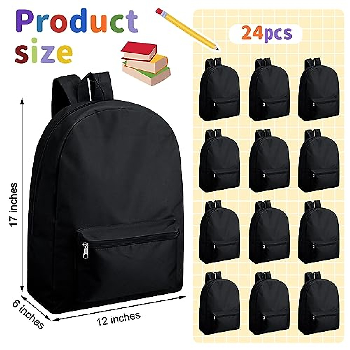 Amylove 12 Pack Backpack in Bulk 17 inch Lightweight Student Outdoor Travel Book Bag Kid Classic School Bookbag for Boy Girl (Black)