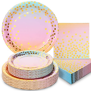 Boocikey 150PCS Pastel Rainbow Plates and Napkins Party Supplies Golden Dot Pastel Paper Plates Disposable for 50 Guests Pastel Rainbow Party Decorations for Pastel Party Decorations