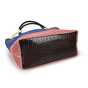 HOXIS Color Block Crocodile Pattern Stripes Woven Synthetic Straw Tote Womens Shoulder Vacation bag (Khaki)