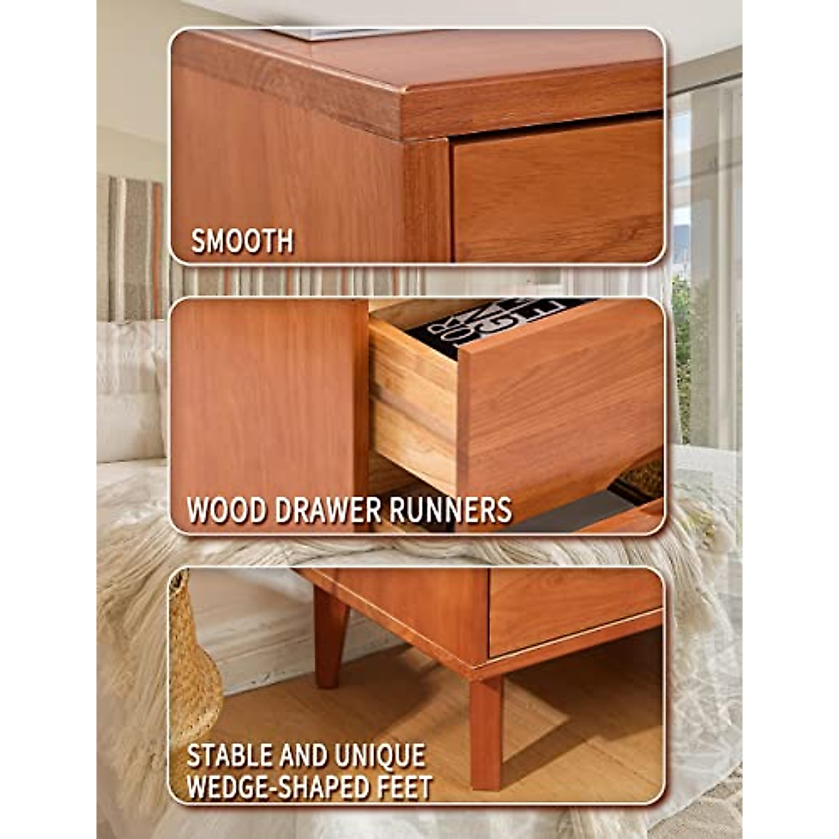 Mid Century Modern Grooved Handle Wood Nightstands Side Table Bedroom Storage Drawer and Shelf Bedside End Table, 2 Drawer (Caramel)