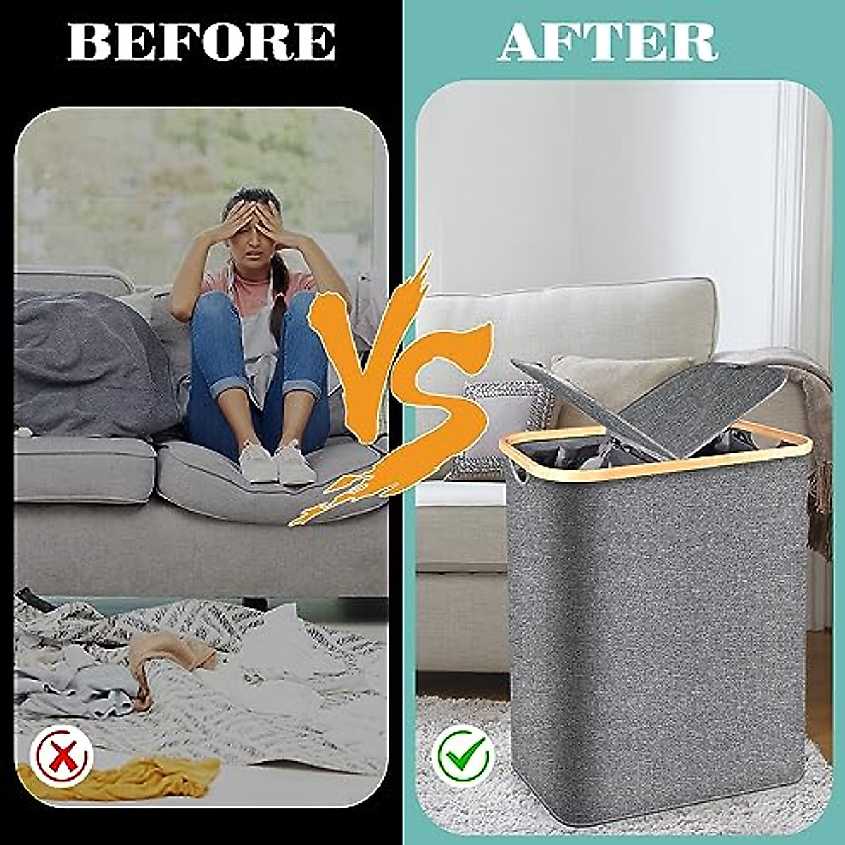 Double Laundry Hamper with Lid, Hampers for Laundry 2 Compartment Divided Laundry Hamper with 2 Removable Bags, Laundry Basket 2 Section Foldable Clothes Basket with Handles,130L