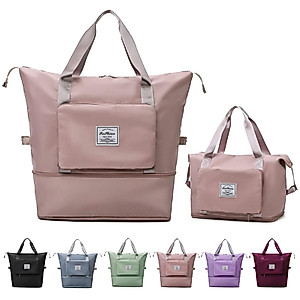 Large Capacity Folding Travel Bag, Lightweight Waterproof Luggage Bag, Expandable Travel Duffel Bag, Dry Wet Separated Gym Tote Bag, Weekender Overnight Bag for Women and Man (Pink)