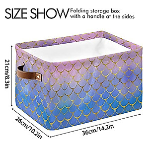 ZOEO Large Storage Basket, Mermaid Scales Purple Marble Glitter Foldable Storages Box Organizer Bins with Leather Handles for Shelves Closet Bedroom, Theme Party