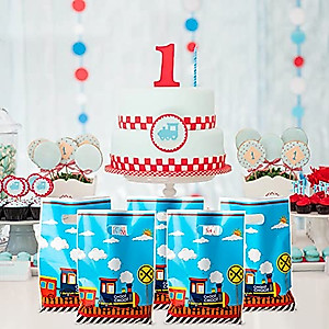 3sscha 50Pcs Train Party Favor Bag Transportation Themed Waterproof Goodie Bag with Die Cut Handles Railway Traffic Glossy Plastic Candy Gift Bags for Kids Birthday Baby Shower Decoration Supplies