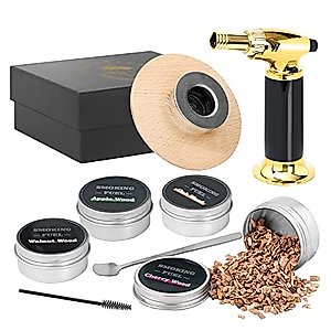 Cocktail Smoker Kit, Four Kinds of Wood Smoker Chips for Bourbon and Whiskey, Infuse Wine, Cheese, Salad and Meats Ideal Gifts for Men, Friend, Husband, Dad(With Torch No Butane)