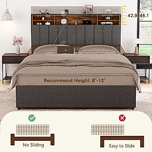 Full Size Bed Frame with Tall Bookcase Headboard and Charging Station, LED Bed Frame with 4 Storage Drawers, Upholstered Platform Bed with Heavy Duty Support Legs, No Box Spring Needed, Dark Grey