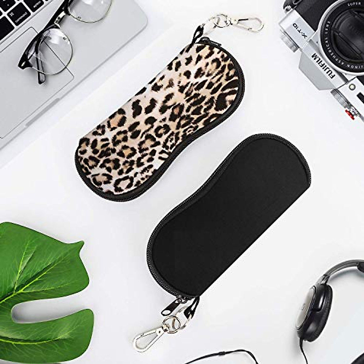 MoKo Eyeglasses Case, (2 Pack) Soft Zippered Neoprene Sunglasses Pouch Protective Eyewear Case Bag with Clip for Men and Women, Black and Leopard